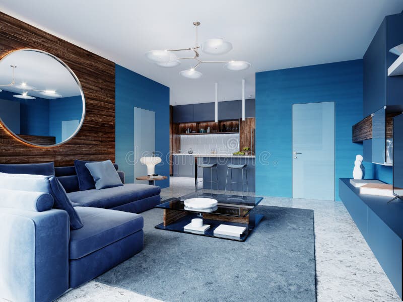 Contemporary Interior Studio Living Room in Blue Colors Stock ...