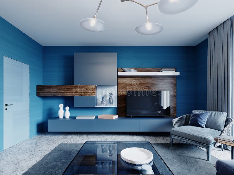 Contemporary Interior Studio Living Room in Blue Colors Stock ...