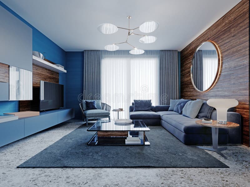 Contemporary Interior Studio Living Room in Blue Colors Stock ...