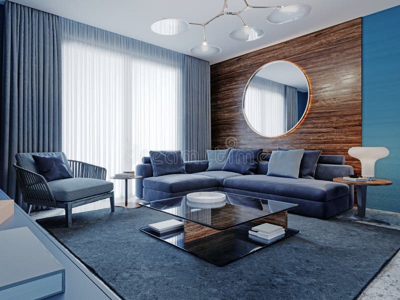 Contemporary Interior Studio Living Room in Blue Colors Stock ...