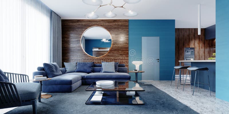 Contemporary Interior Studio Living Room in Blue Colors Stock ...