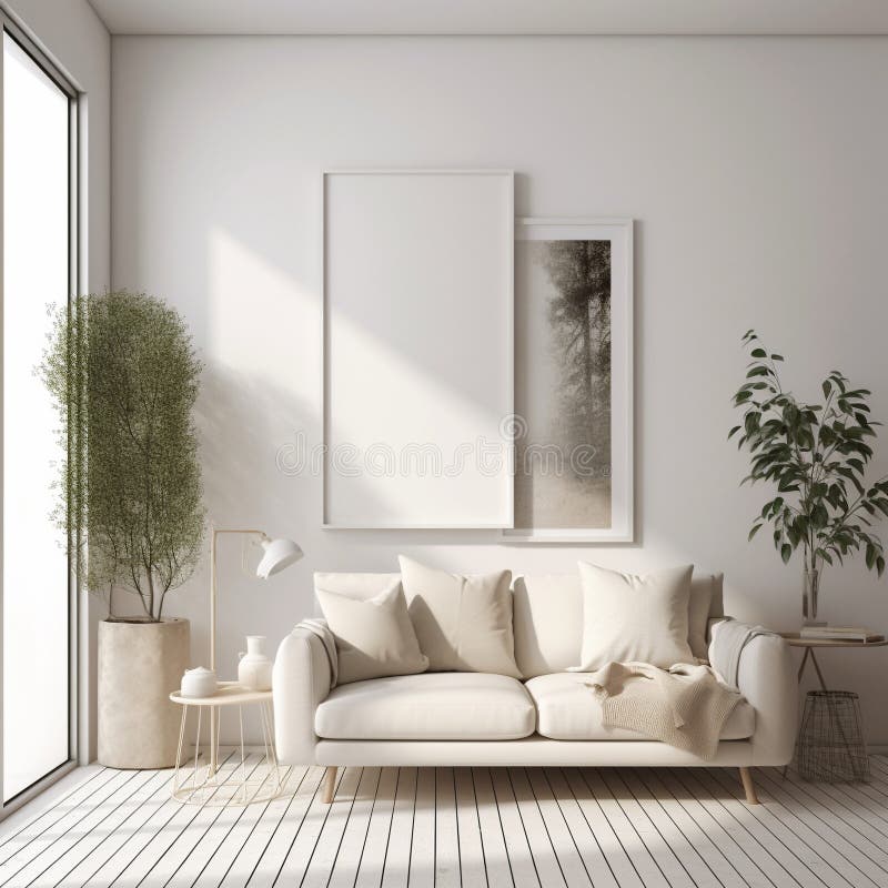 Contemporary Interior with White Sofa and Vertical Frame Mockup Stock ...