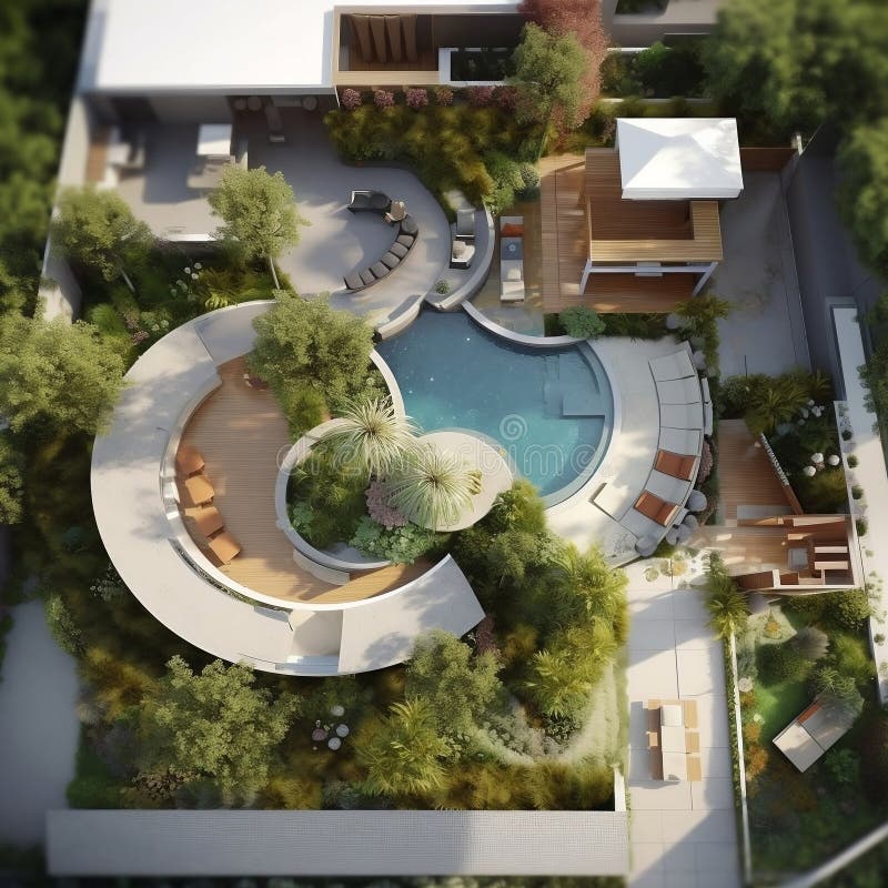 Contemporary Irregular Shaped Top View of Pool Terrace in Modern ...