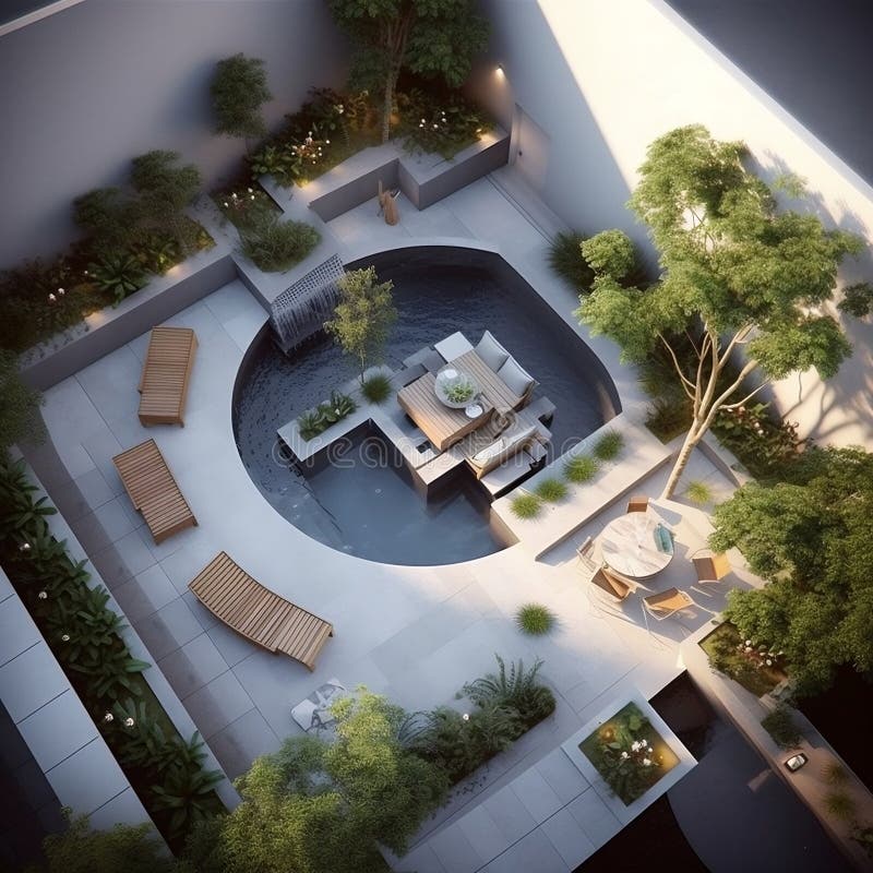 Contemporary Irregular Shaped Top View of Pool Terrace in Modern ...