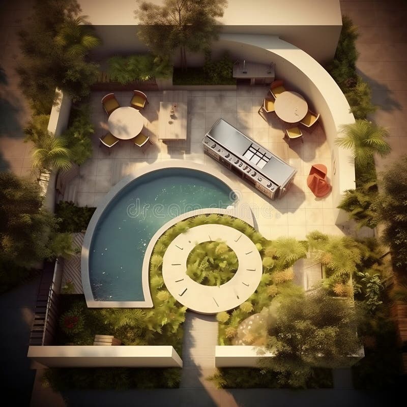Contemporary Irregular Shaped Top View of Pool Terrace in Modern ...