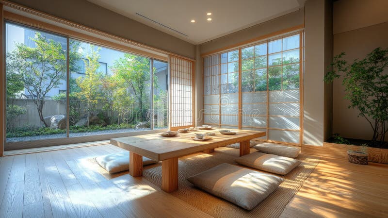 Contemporary Japanese Dining Area with a Low Wooden Table, Floor ... Contemporary Japanese Dining Area with a Low Wooden Table, Floor ...