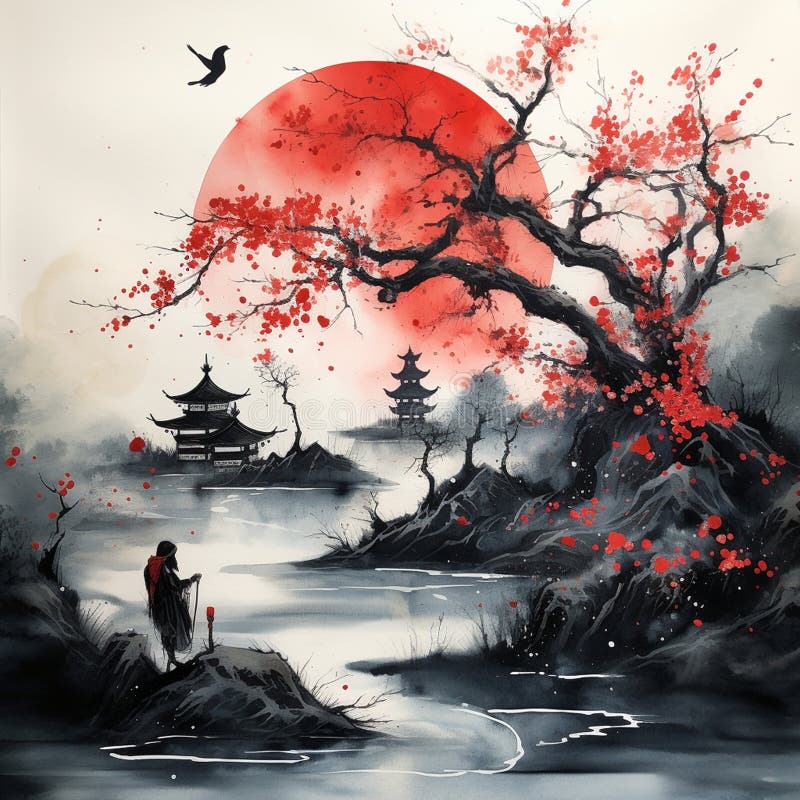 Contemporary Japanese Ink Wash Flower Painting Stock Photo - Image of ...