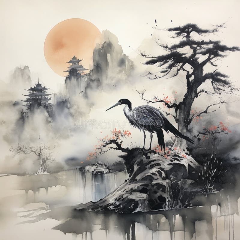Contemporary Japanese Sumi-e Bird Painting Stock Illustration ...