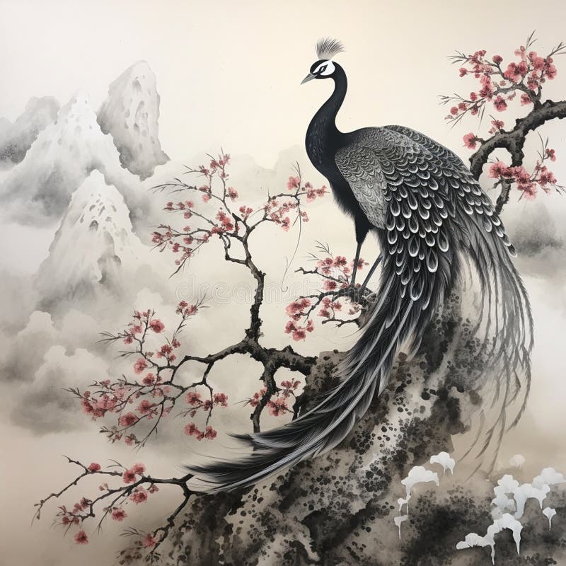 Contemporary Japanese Ink Wash Flower Painting Stock Photo - Image of ...