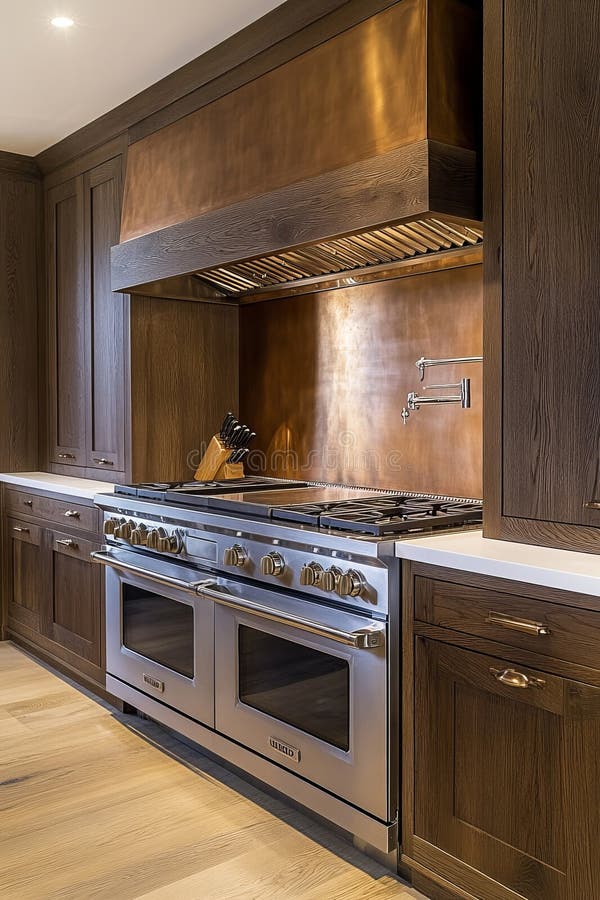 Contemporary Kitchen with Copper Range Hood and Appliances. Stock Photo ...