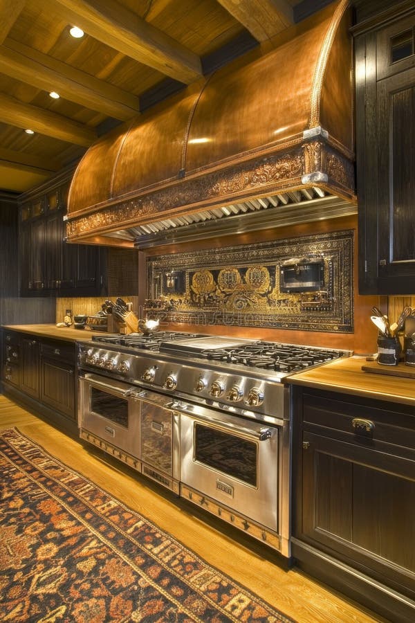 Contemporary Kitchen with Copper Range Hood and Appliances Stock Photo ...