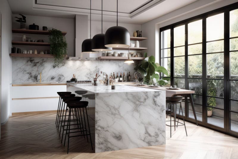Luxury Kitchen with a Walnut Island and Elegant Marble Countertop Stock ...