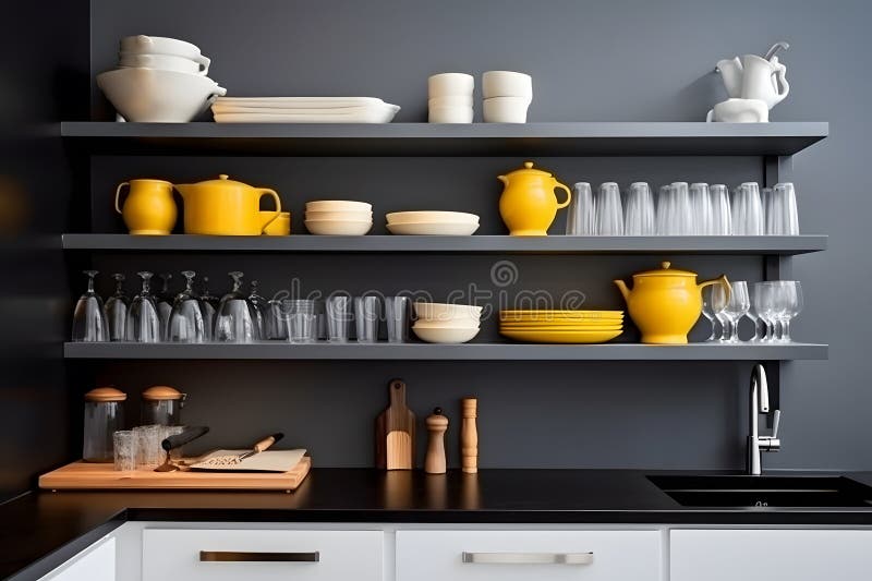 Contemporary Kitchen with an Empty Wall and a Small Open Shelf Holding ...