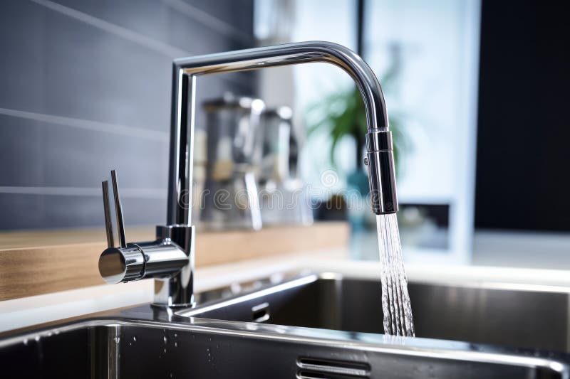 A Contemporary Kitchen Faucet Running Water Stock Photo - Image of ...