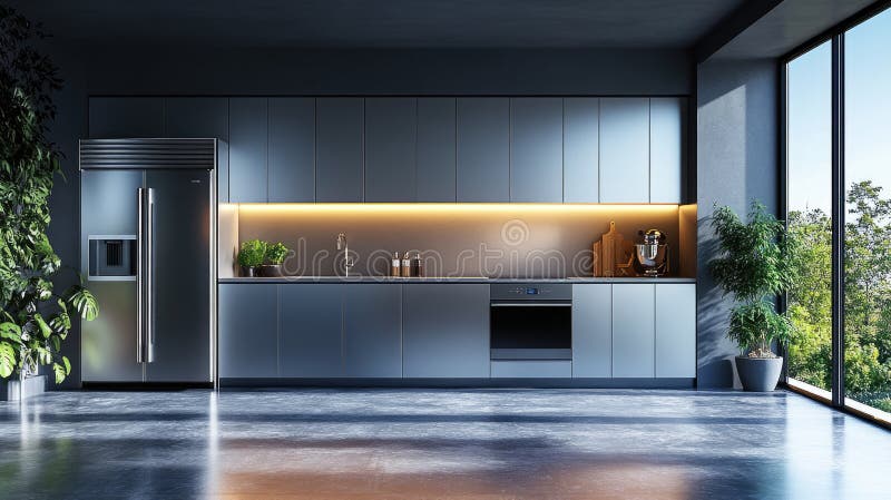 A Contemporary Kitchen Features Minimalist Gray Cabinets and Warm Under ...