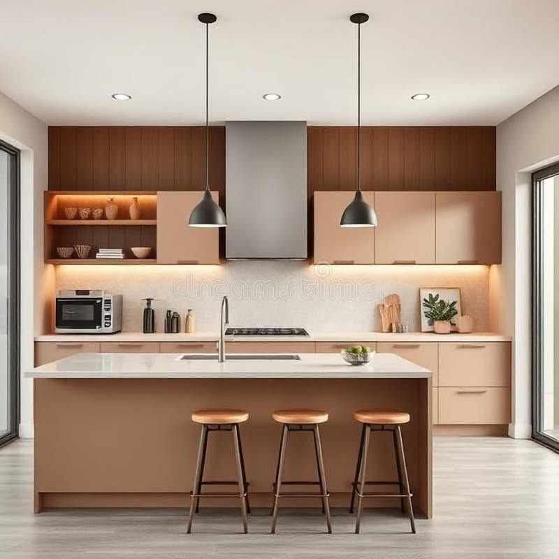 A Contemporary Kitchen Featuring a White Countertop Complemented Stock ...