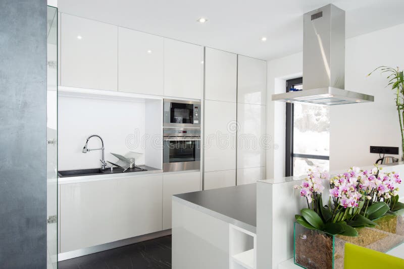 White Cabinets in Bright Modern Kitchen Interior of House with Terrace ...