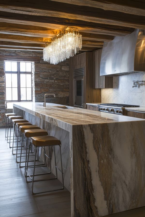Contemporary Kitchen Island Featuring a Stone Countertop and Brick ...