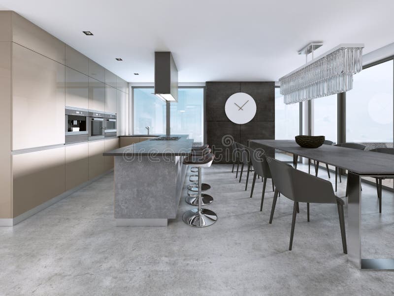 Contemporary Kitchen with Large Windows and Island with Bar Stools ...