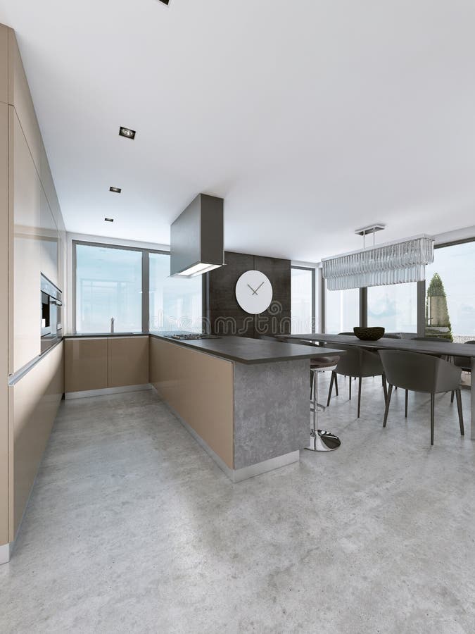 Contemporary Kitchen with Large Windows and Island with Bar Stools ...