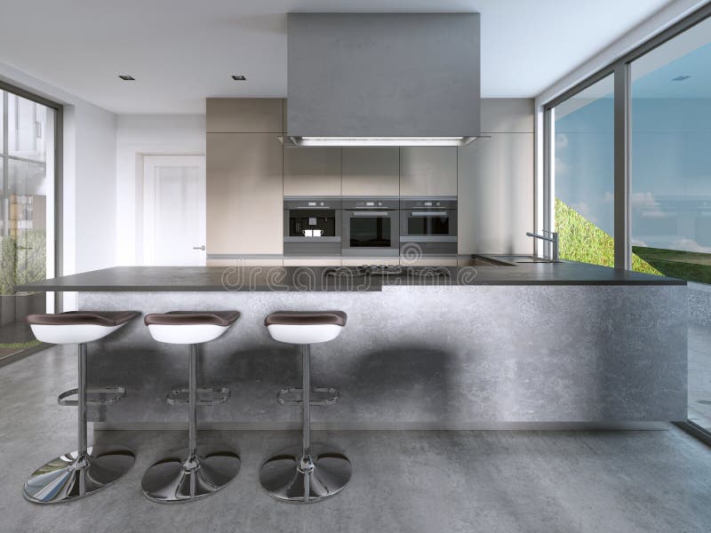Contemporary Kitchen with Large Windows and Island with Bar Stools ...