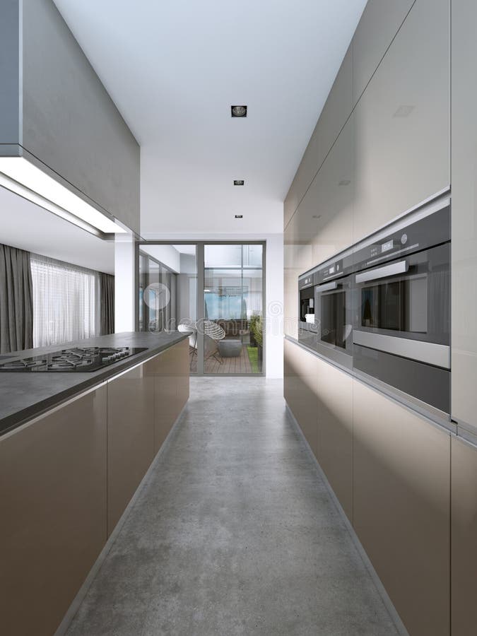 Contemporary Kitchen with Large Windows and Island with Bar Stools ...