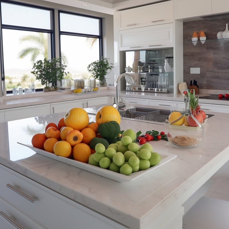 Contemporary Kitchen with Marble Counter and Fresh Vegetables ...