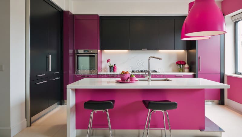 Contemporary Kitchen with Pink Decor Pink Interior Design Stock ...