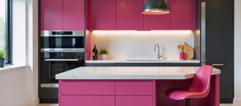 Contemporary Kitchen with Pink Decor Pink Interior Design Stock ...