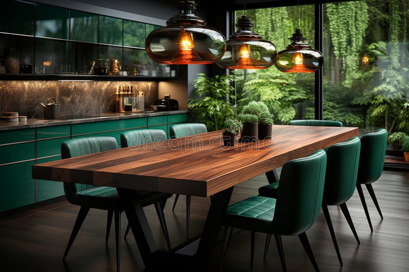 Contemporary Kitchen Room with a Vibrant Green Table, Adding a Modern ...