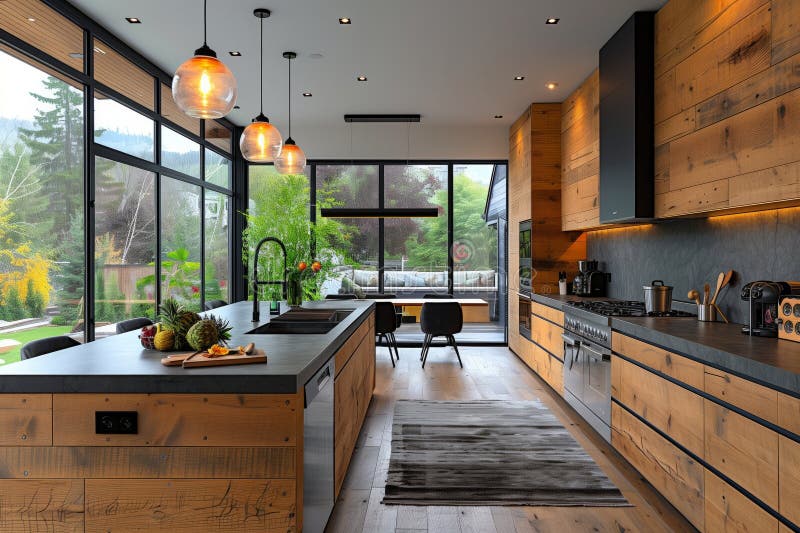 Modern Rustic Kitchen with Wooden Cabinets, Large Windows for a Warm ...