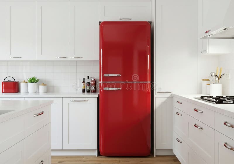 Contemporary Kitchen Scene, an Elegant Red Retro Fridge among Sleek ...