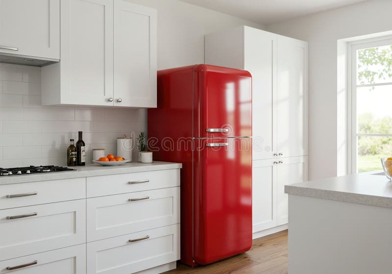 Contemporary Kitchen Scene, an Elegant Red Retro Fridge among Sleek ...