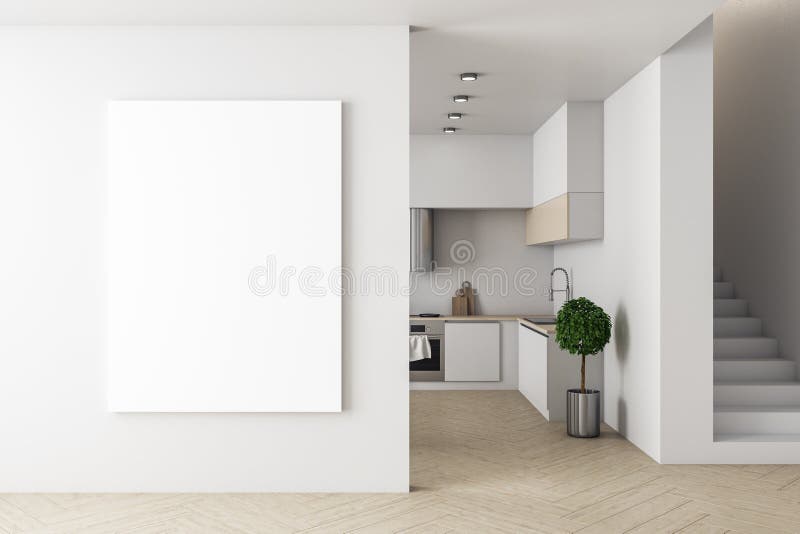 Contemporary Kitchen Studio Interor and Blank White Poster on Wall ...
