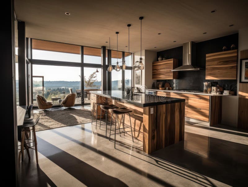 Contemporary Kitchen with Sunset Views. Generative AI Stock Photo ...