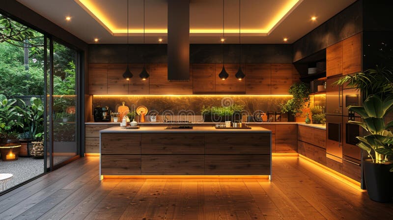 Contemporary Kitchen with Warm Lighting and Garden View - Generative Ai ...
