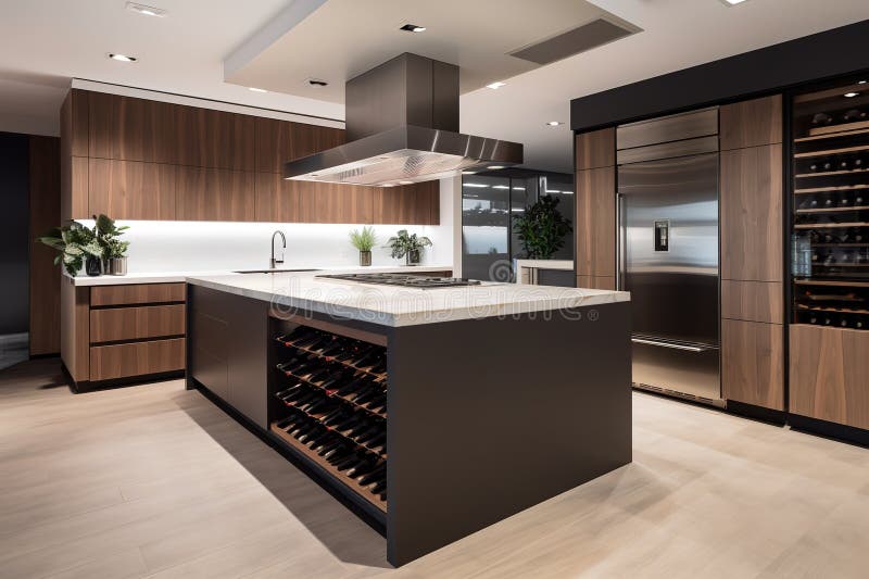 Contemporary Kitchen with Waterfall Countertop and Statement Lighting ...