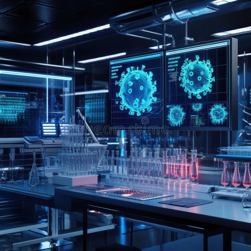 Modern Laboratory with Glowing Monitors Displaying Virus Imagery and ...