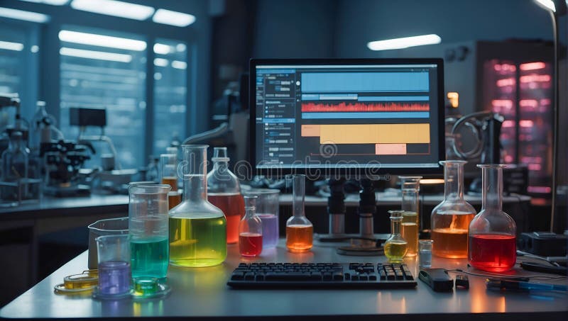 A Modern Laboratory Glassware and Computer. Ideal for Illustrating ...