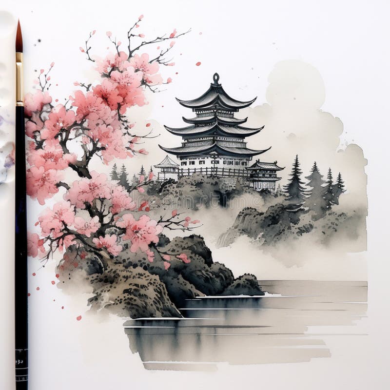 Contemporary Landscape Sumi-e Ink Painting Stock Illustration ...