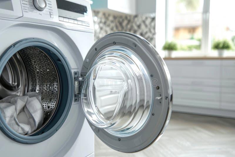 Contemporary Laundry Elegance: Open Door Washing Machine. Stock ...