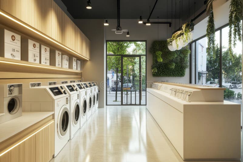 Contemporary Laundry Shop Interior Featuring Service Counter and ...