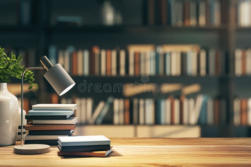 Contemporary Library Setting with Lamp Illuminating a Stack of Books ...