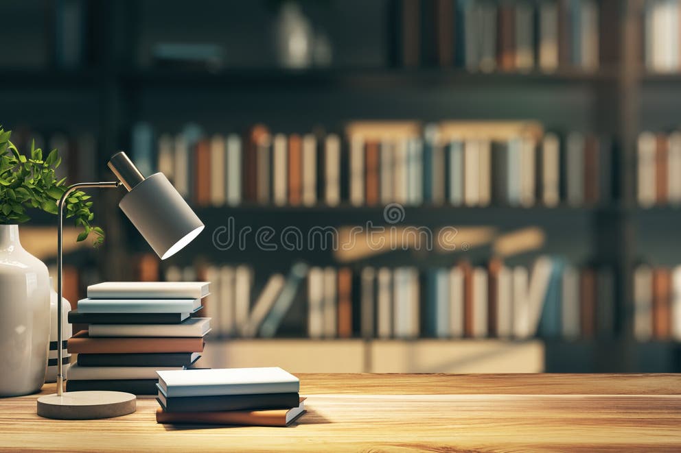 Contemporary Library Setting with Lamp Illuminating a Stack of Books ...