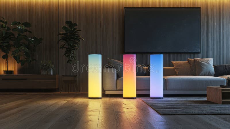 Contemporary Living Room Adorned with Vibrant Lit Columns Stock Photo ...