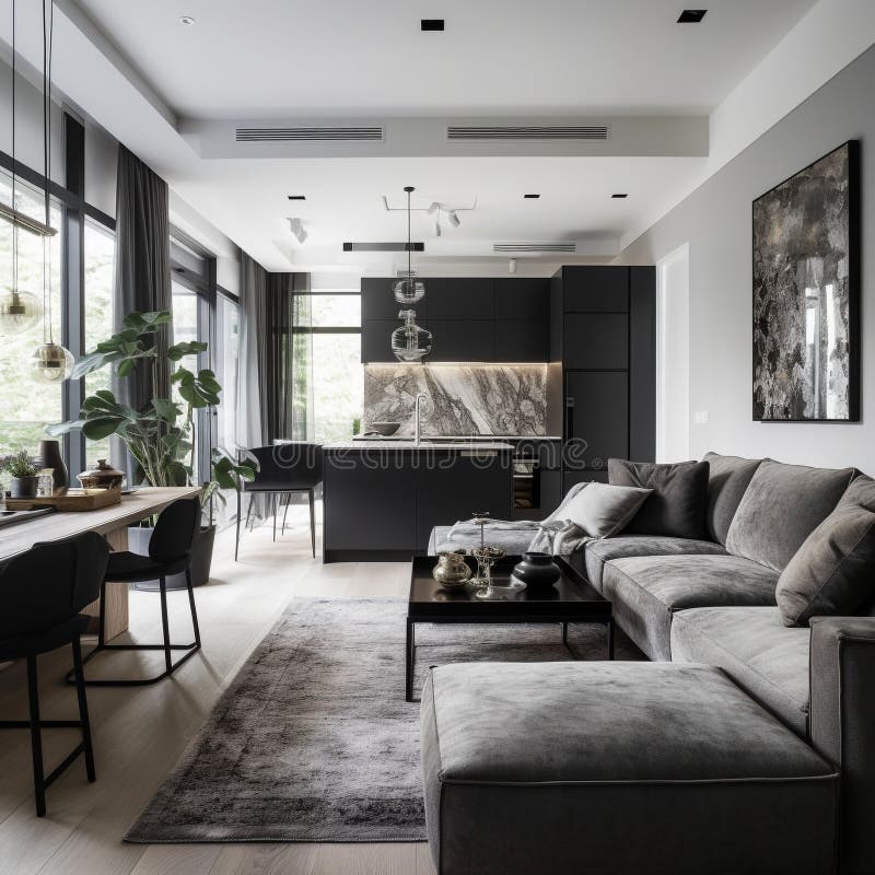 Contemporary Living Room Features Neutral Tones of Grey. AI-generated ...
