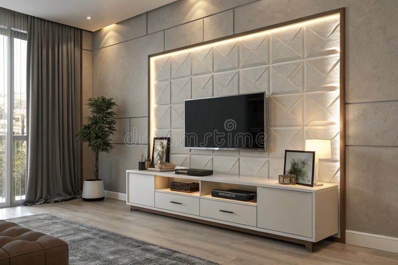 Contemporary Living Room with Wall Panel and TV Stock Illustration ...
