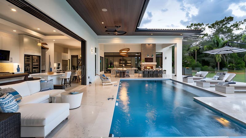 Contemporary Living Room with Poolside Lounge Stock Illustration ...