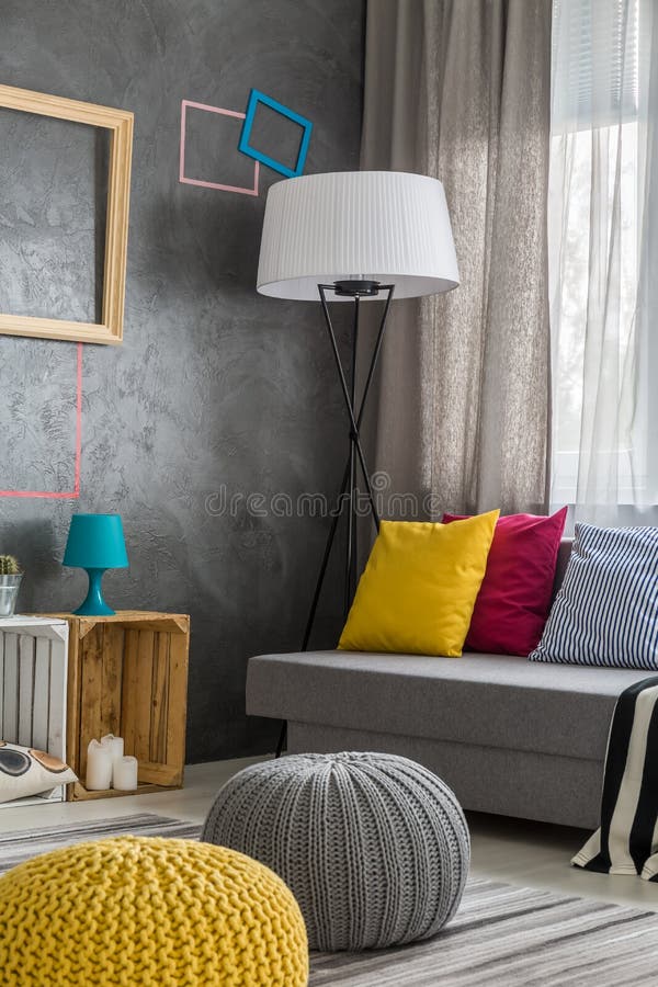 Contemporary Living Room with Poufs Stock Image - Image of interior ...