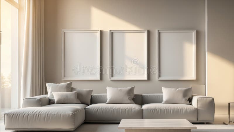 Contemporary Living Room with Three Blank Frames for Poster Mockups ...